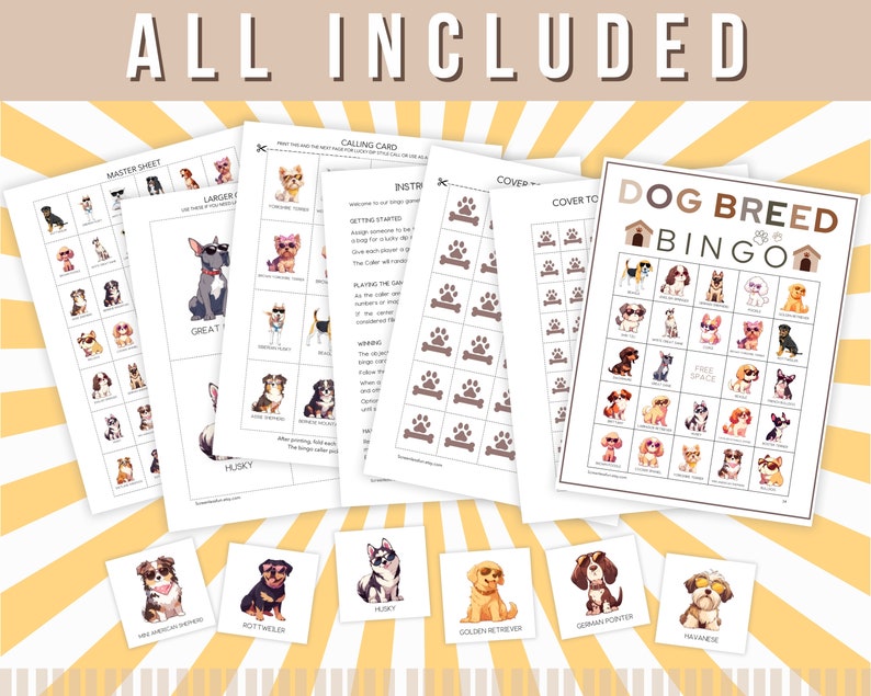 Dog Breed Bingo Game: 130 Printable Cards (birthday Party) - Etsy