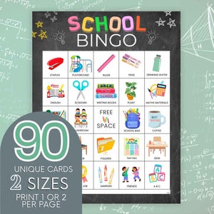 90 School Bingo Printable Card, Back to School Bingo Game, Education ...