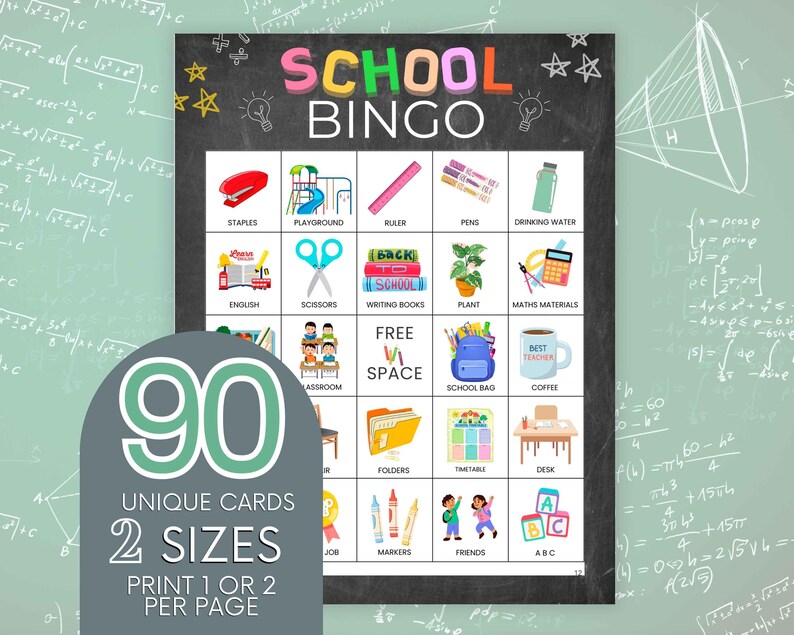 90 School Bingo Printable Card, Back to School Bingo Game, Education ...
