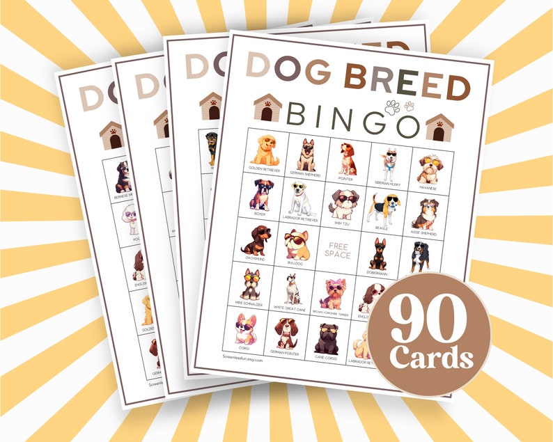 90 Dog Breed Bingo Cards, Dog Lover Bingo Pack - Printable Dog Breed ...