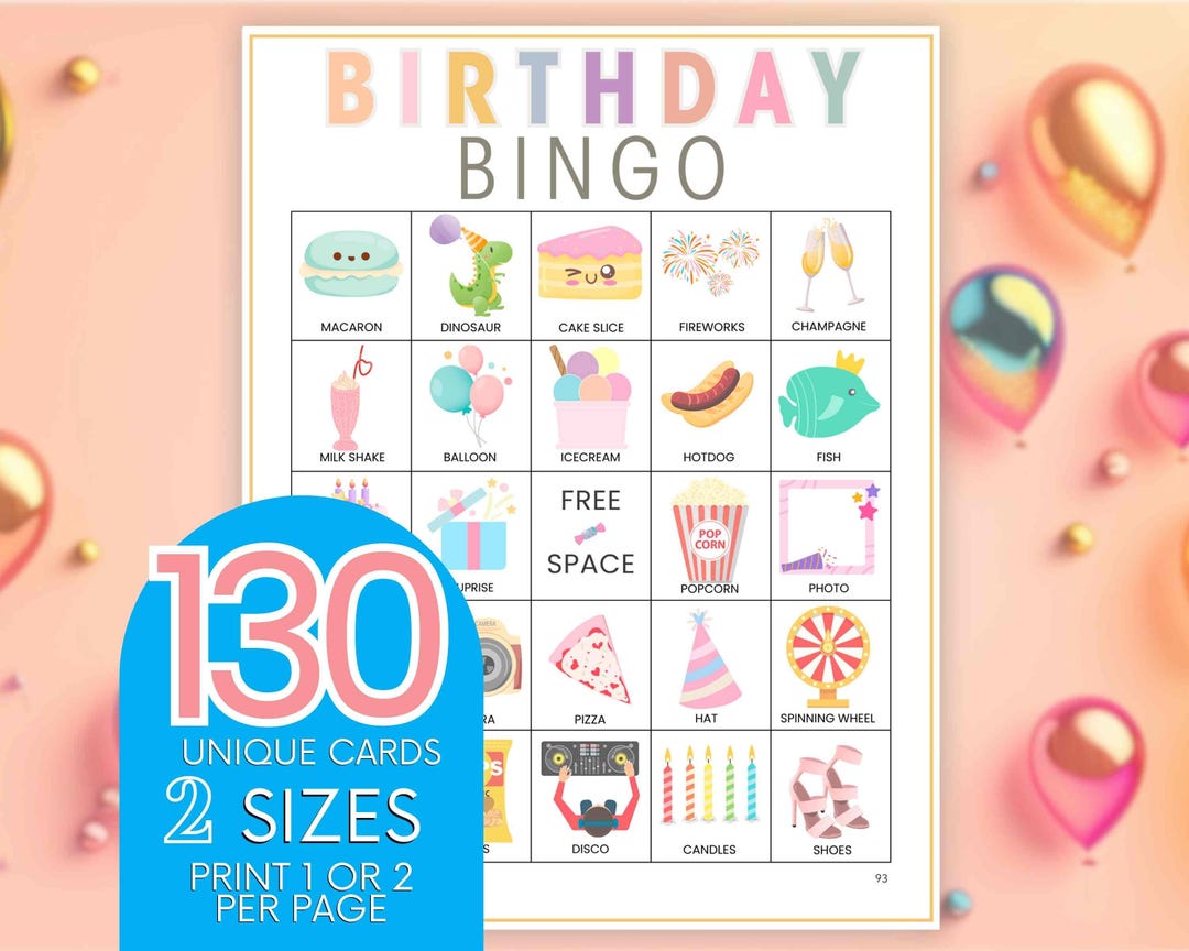 130 Printable Birthday Bingo Cards, Large Crowd Party Game, Celebration ...