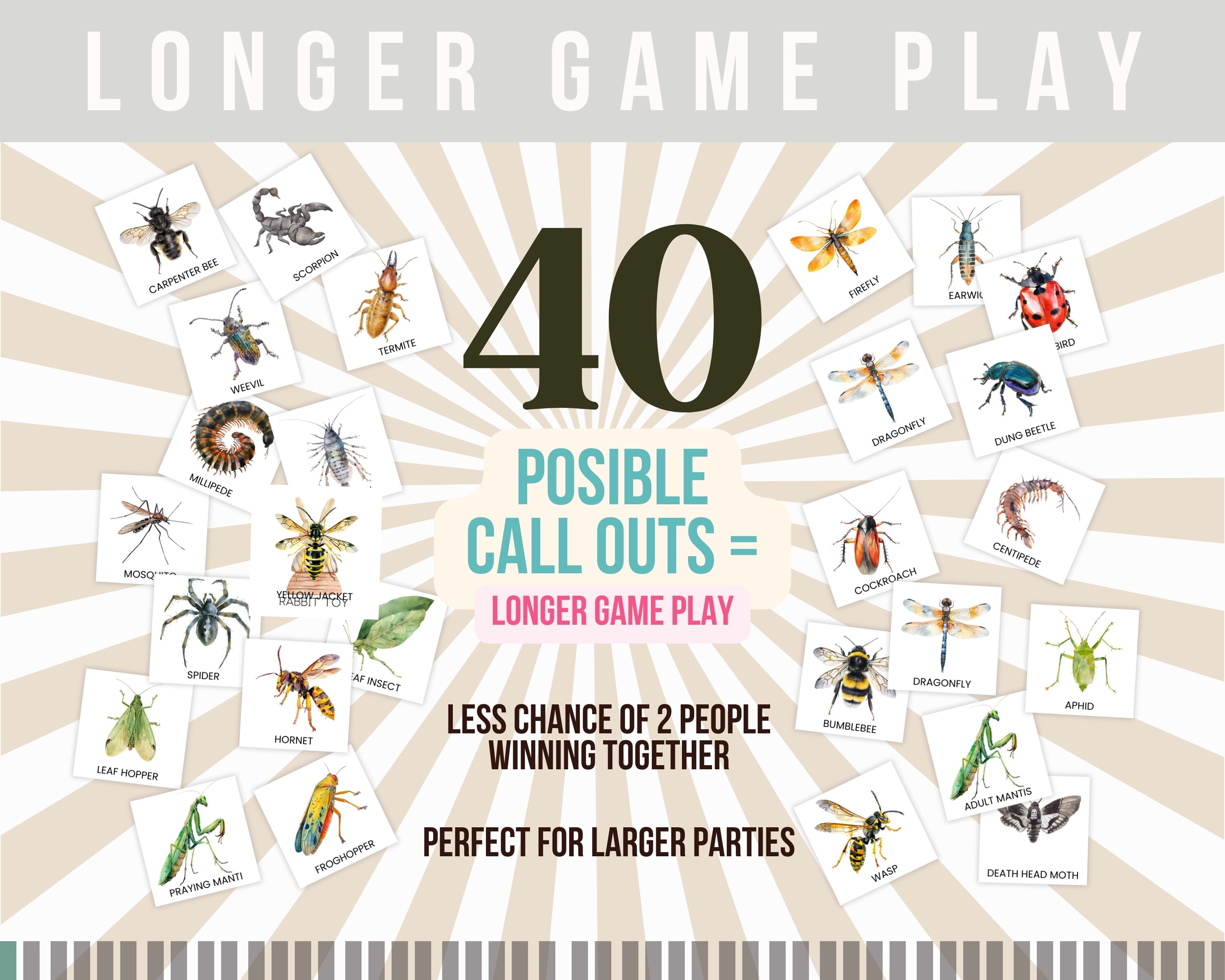 130 Insect Bingo Cards, Bug Bingo Birthday Party Game, Printable Animal ...