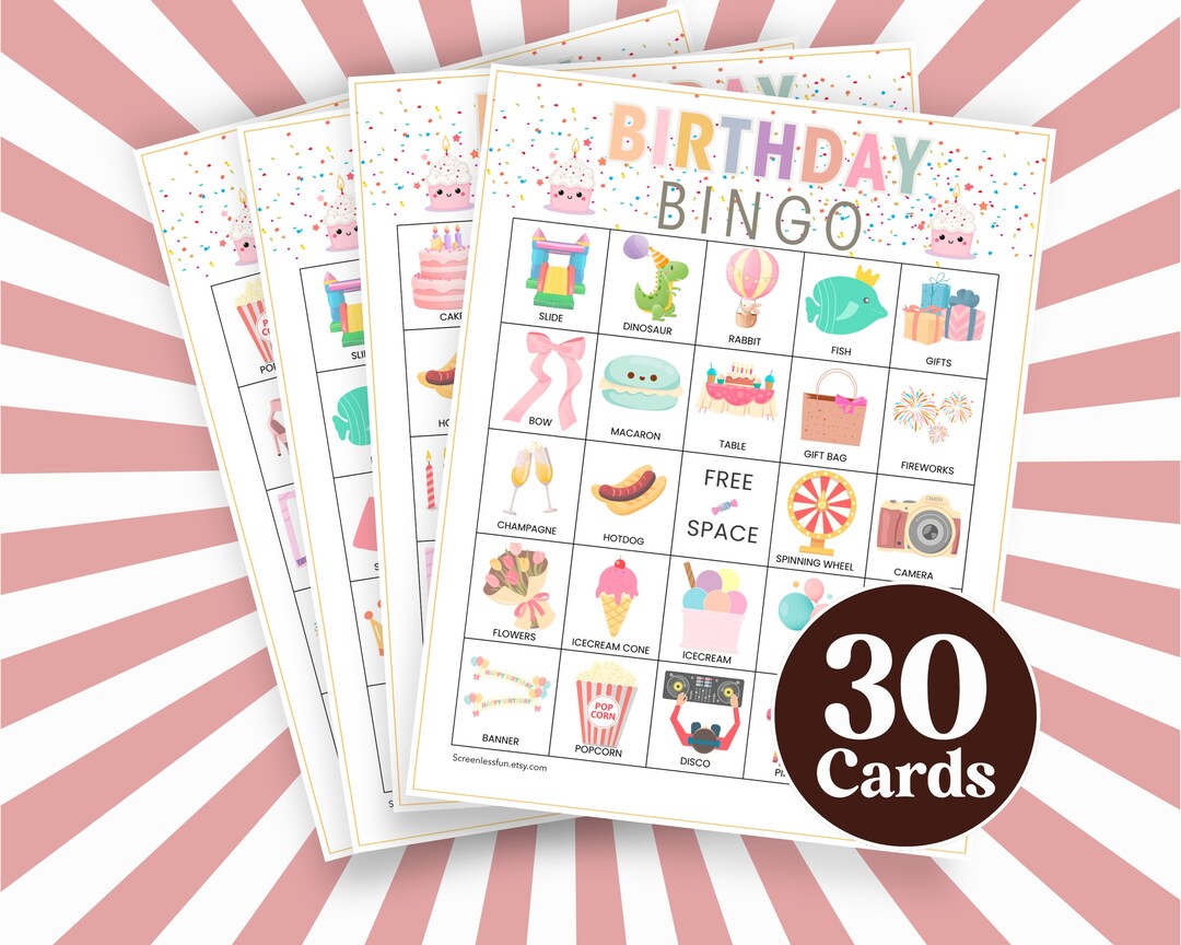 30 Kids Birthday Party Printable Bingo, Celebration Party Bingo ...
