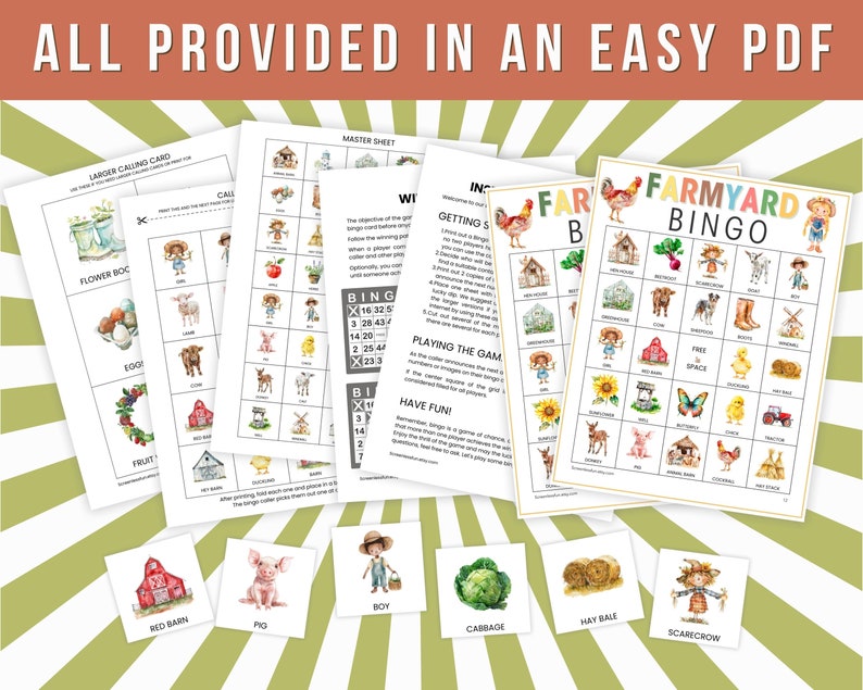 30 Farmyard Bingo Cards, Farm Animal Baby Shower Game, Barnyard Party ...
