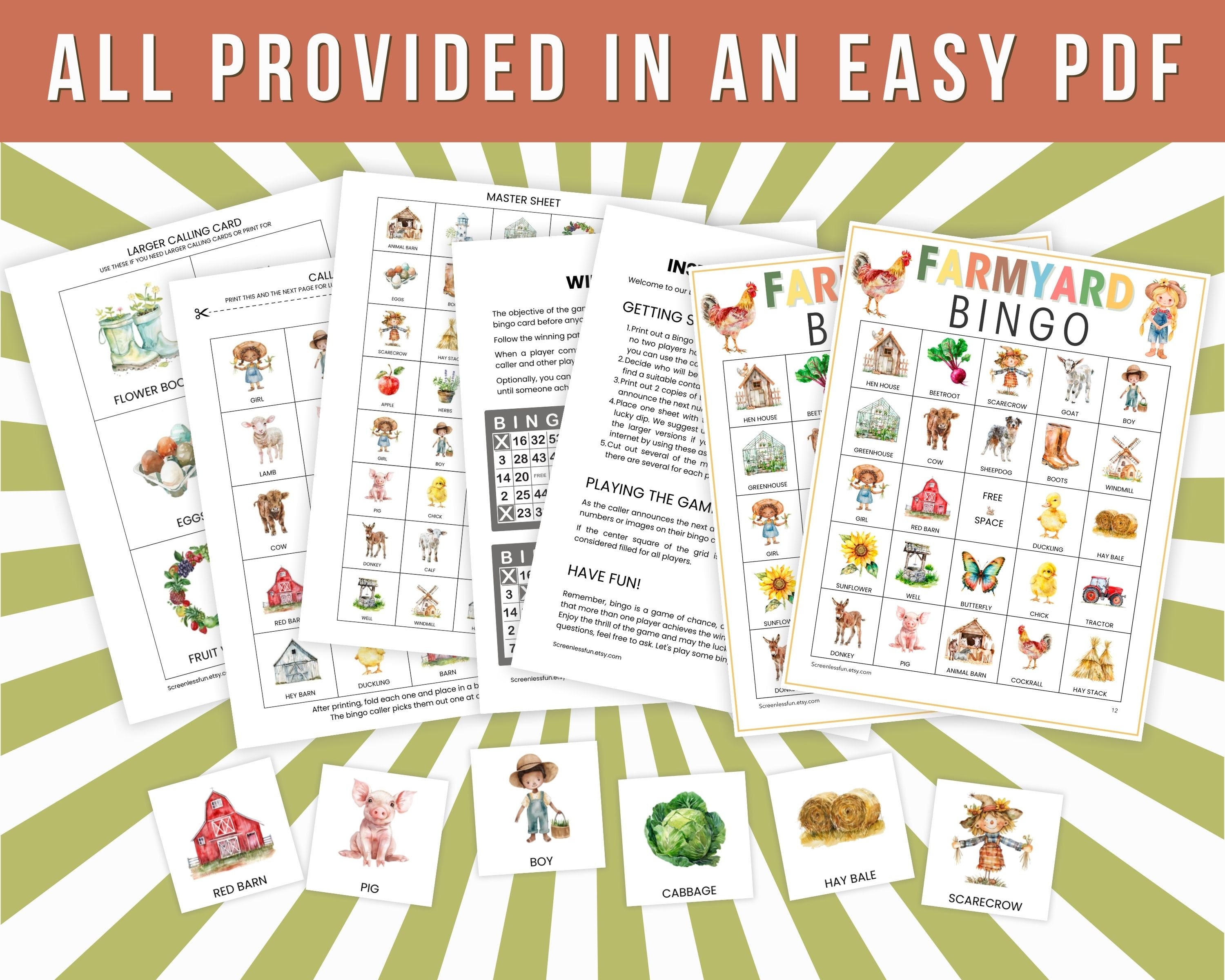30 Farmyard Bingo Cards, Farm Animal Baby Shower Game, Barnyard Party ...