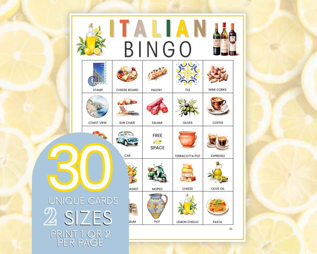 30 Italian Bingo Cards, Citrus Bridal Shower Game, Lemon Printable ...