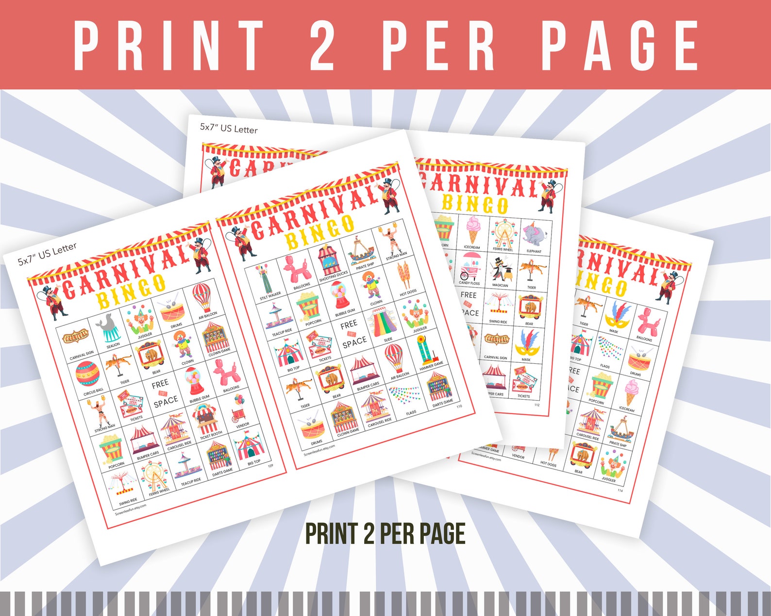 90 Carnival Bingo Printable Cards, Circus Party Bingo Boards, Birthday ...