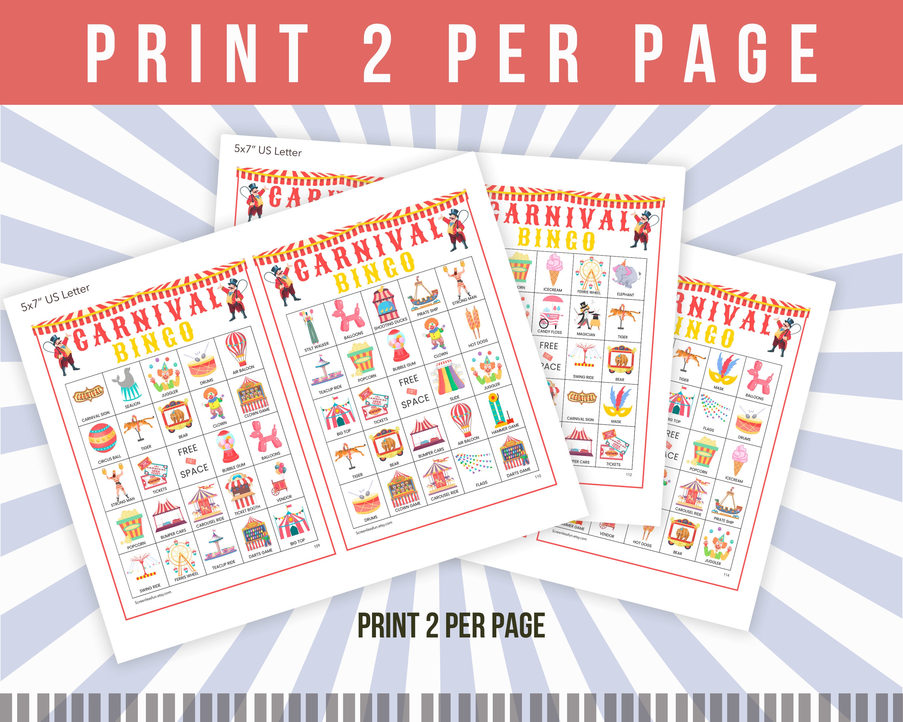Carnival Bingo Cards Printable Game, Circus Clown Birthday Games, Kids ...