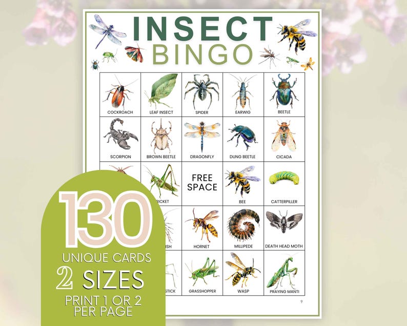 Insect Bingo Game: 130 Printable Cards, Bug Birthday Party (digital ...
