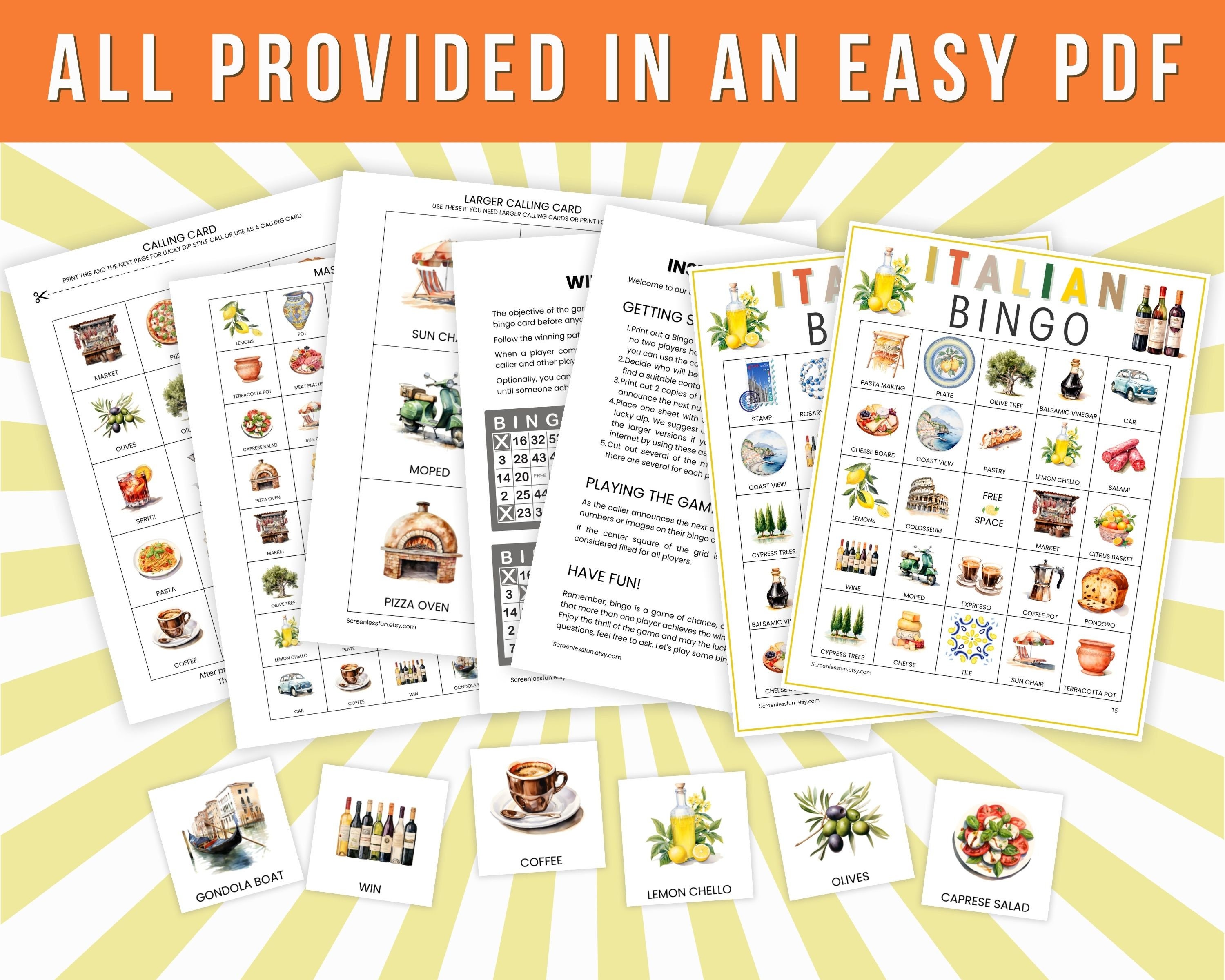 30 Italian Bingo Cards, Citrus Bridal Shower Game, Lemon Printable ...