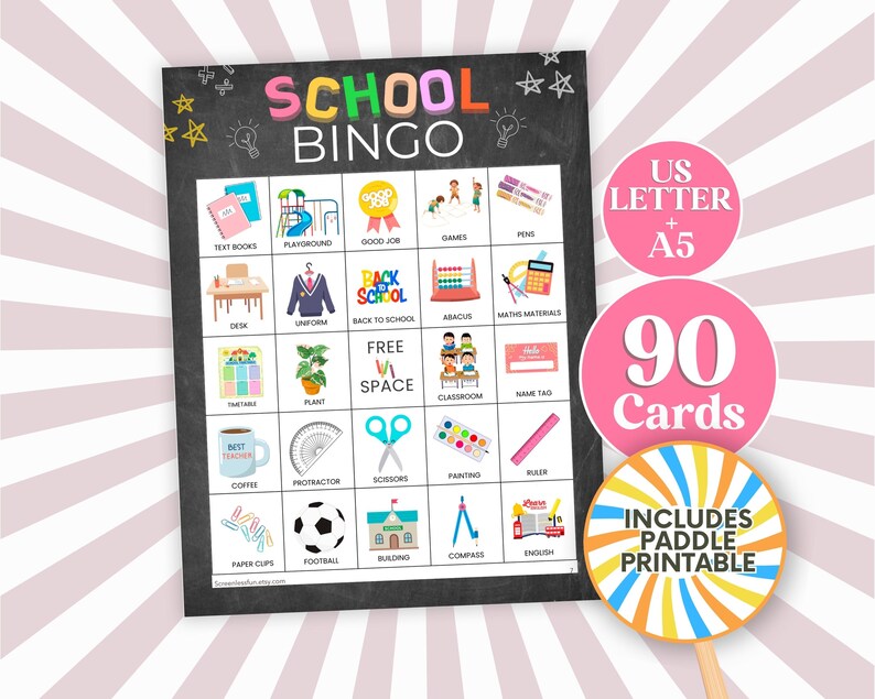 90 School Bingo Printable Card, Back to School Bingo Game, Education ...