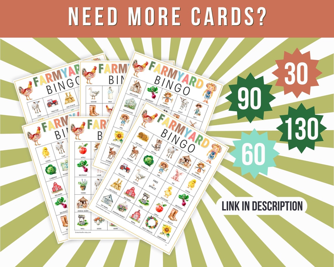 30 Farmyard Bingo Cards, Farm Animal Baby Shower Game, Barnyard Party ...