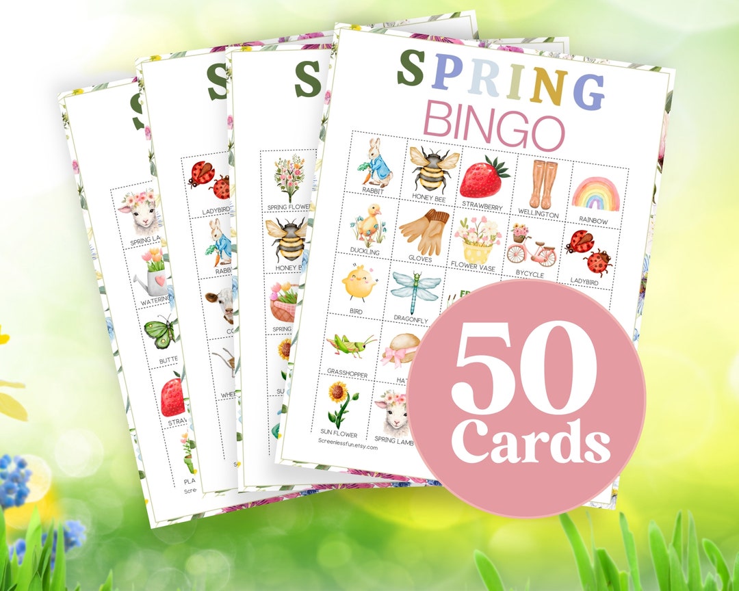 50 Printable Spring Bingo Board Cards, Spring Bingo Party Game, Kids ...