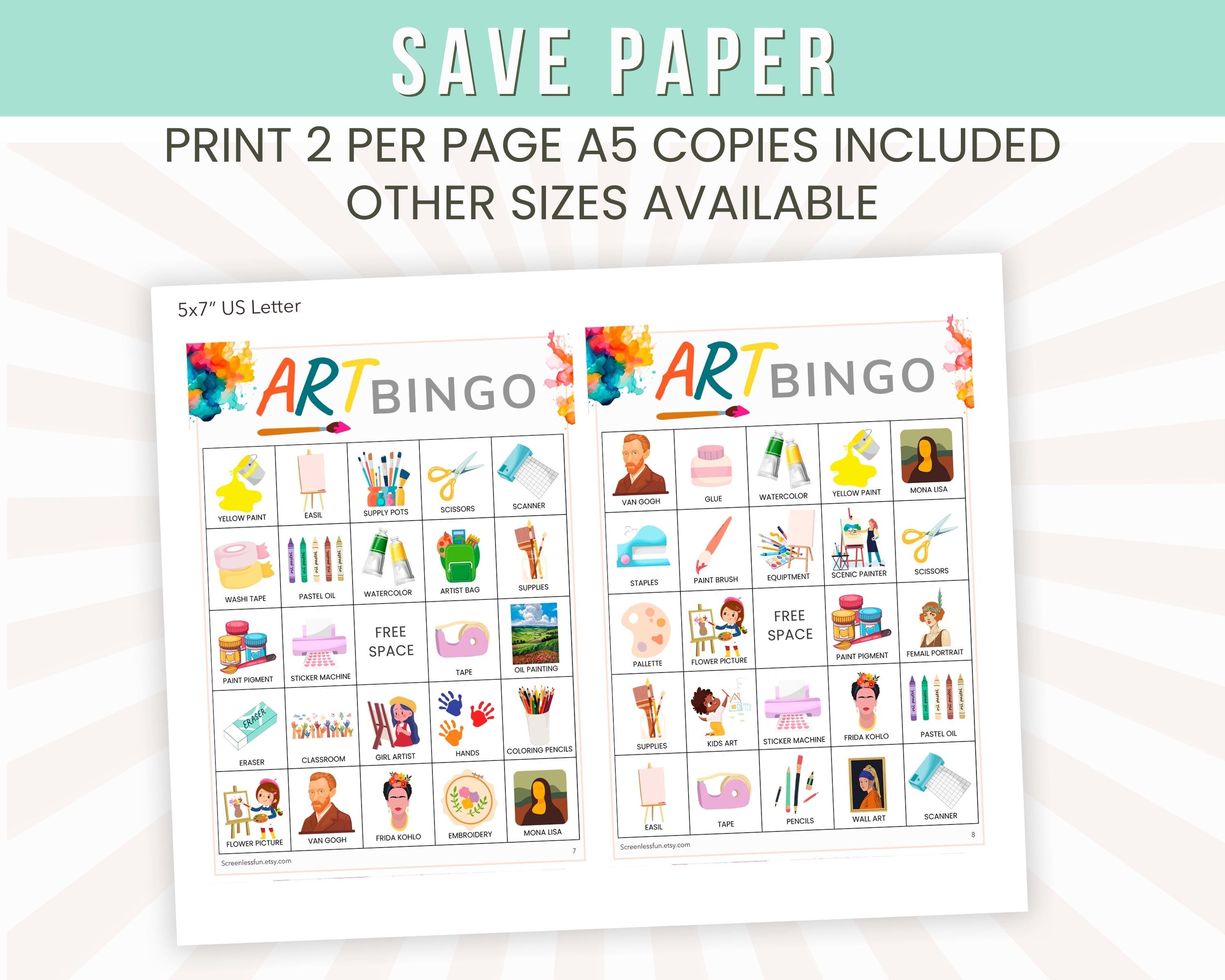60 Art Bingo Cards, Printable Artist Bingo Game, Kids Art Party ...