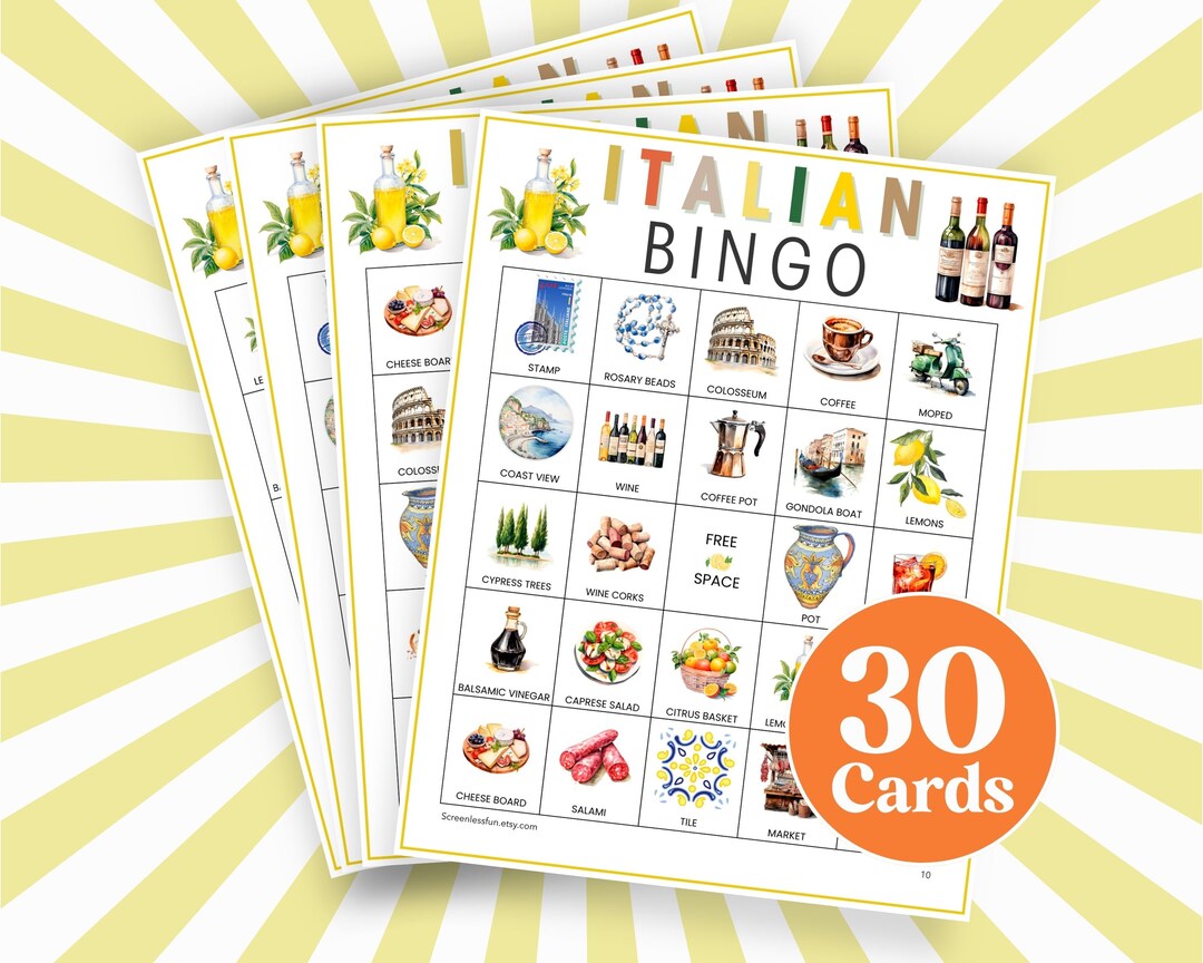 30 Italian Bingo Cards, Citrus Bridal Shower Game, Lemon Printable ...