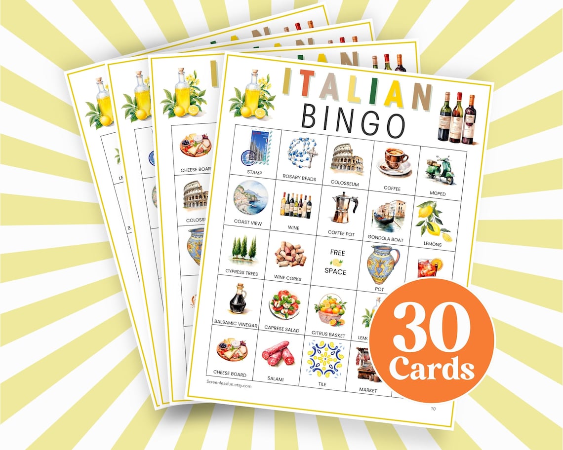 30 Italian Bingo Cards, Citrus Bridal Shower Game, Lemon Printable ...