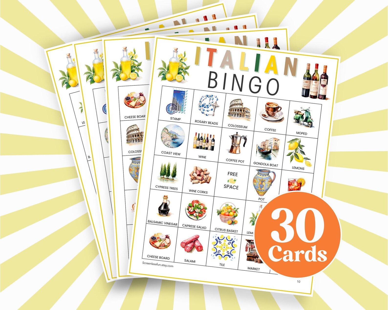 30 Italian Bingo Cards, Citrus Bridal Shower Game, Lemon Printable ...