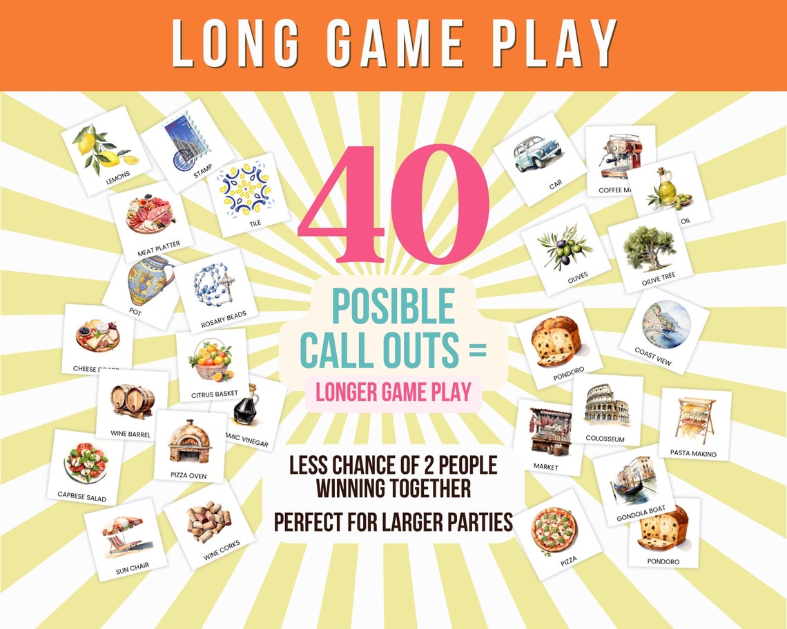 30 Italian Bingo Cards, Citrus Bridal Shower Game, Lemon Printable ...