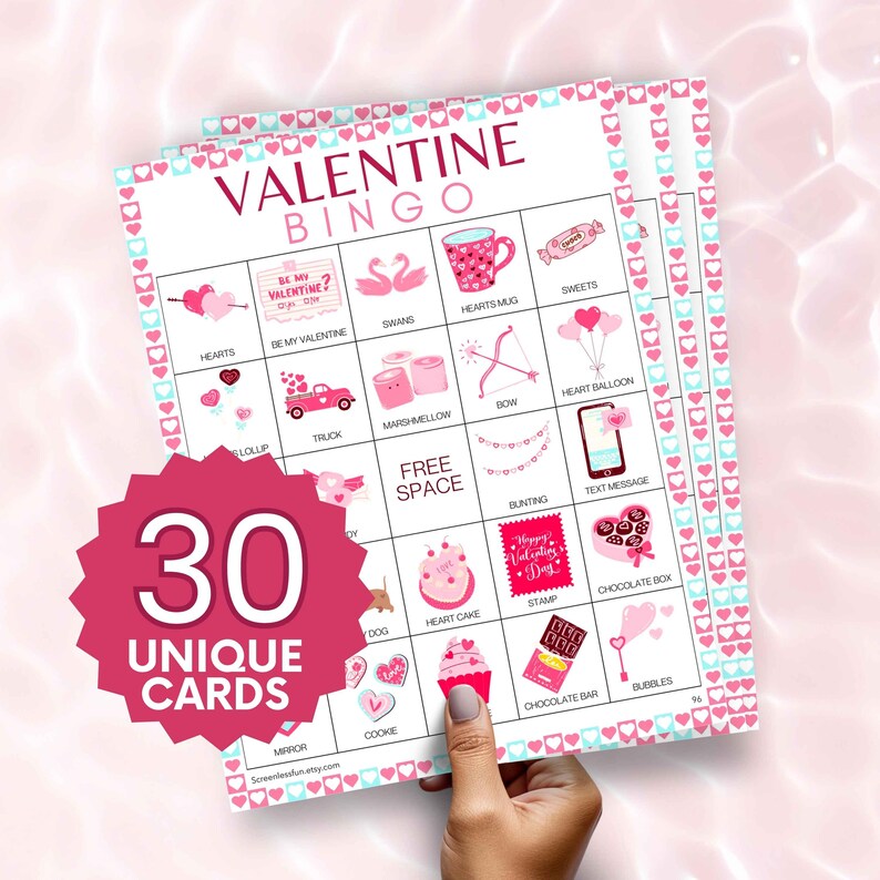 Valentine Bingo Game - 30 Bingo Cards, February Classroom Game, Bingo ...