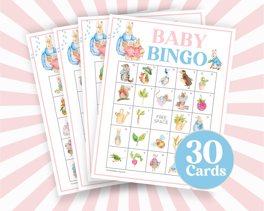 Rabbit Baby Shower Bingo Cards, Blue Bingo Game Boards, Peter Rabbit ...