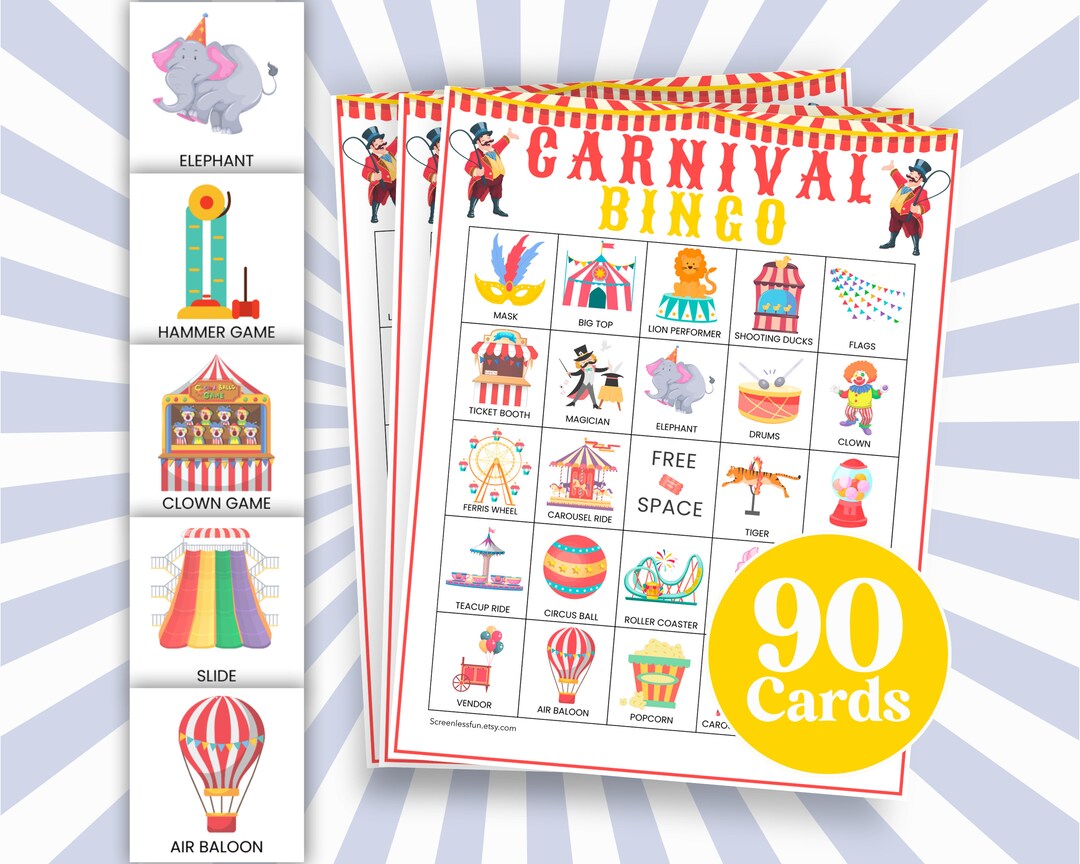 90 Carnival Bingo Printable Cards, Circus Party Bingo Boards, Birthday ...