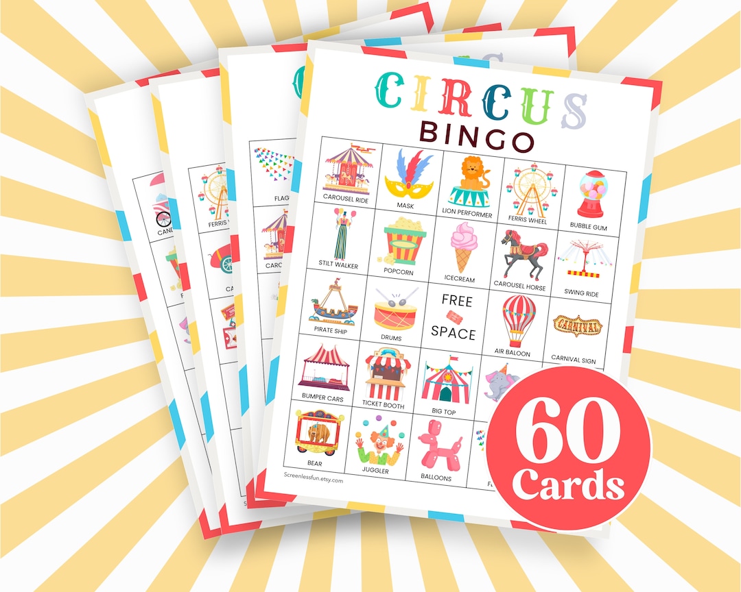 60 tableros imprimibles de Circus Bingo, juego de fiesta temática de ...
