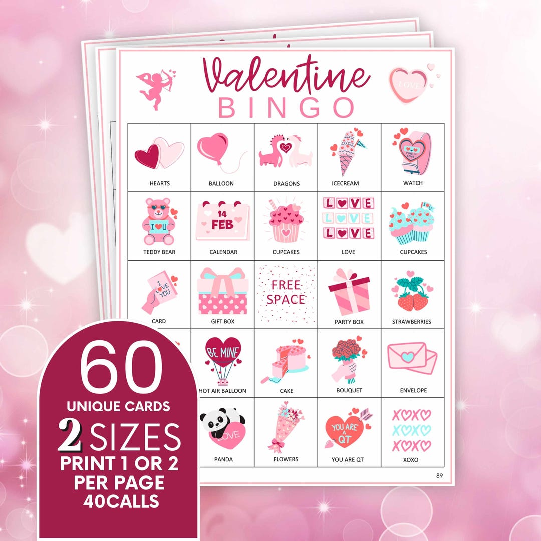 Valentines Bingo Game: 60 Printable Cards, Kids Classroom Party (PDF ...