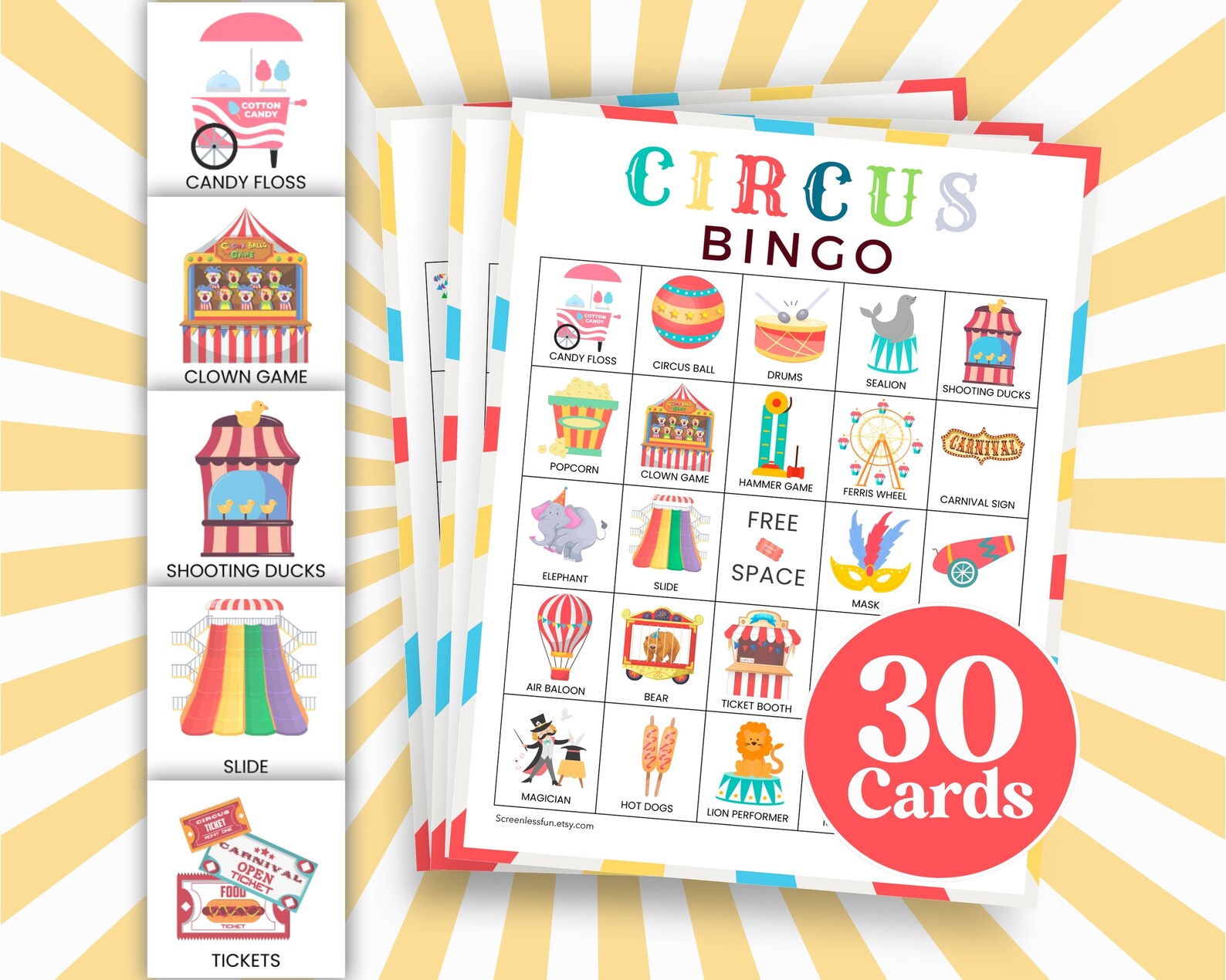 30 Circus Bingo Printable Boards, Circus Themed Party Game, Carnival ...