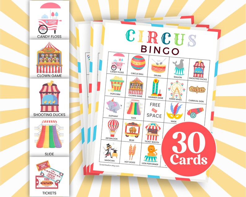 30 Circus Bingo Printable Boards, Circus Themed Party Game, Carnival ...