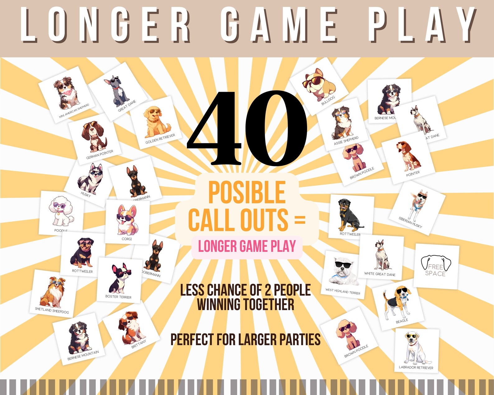 Dog Breed Bingo Boards, 50 Dog Birthday Party Game, Kids Party Activity ...