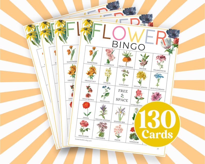 130 Flower Bingo Cards Printable Game, Floral Themed Game Activity ...