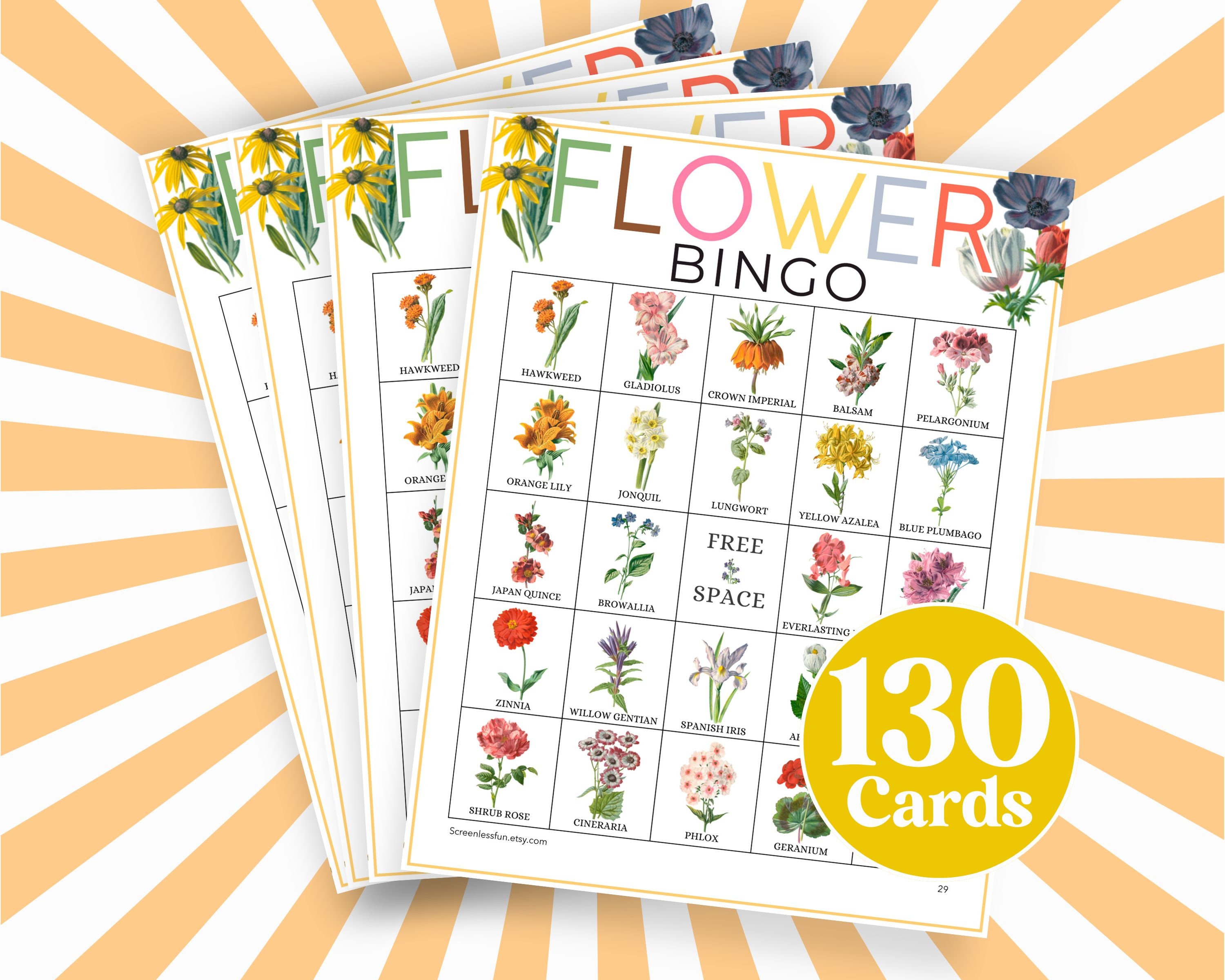 130 Flower Bingo Cards Printable Game, Floral Themed Game Activity ...