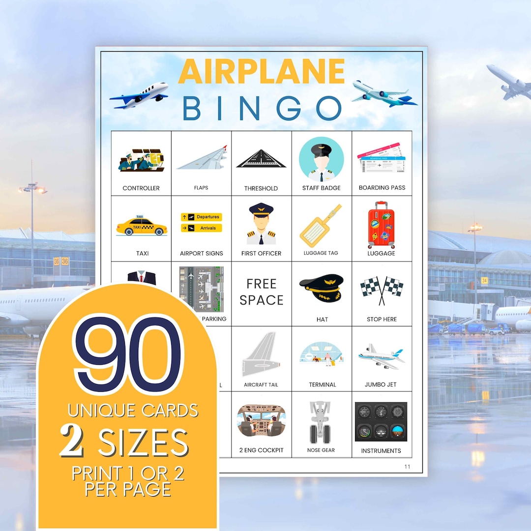 90 Airplane Bingo Cards, Airport Printable Bingo Game, Airport ...