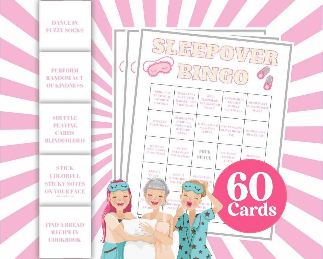 60 Slumber Party Sleepover Teen Bingo, Tween Party Birthday Sleepover ...