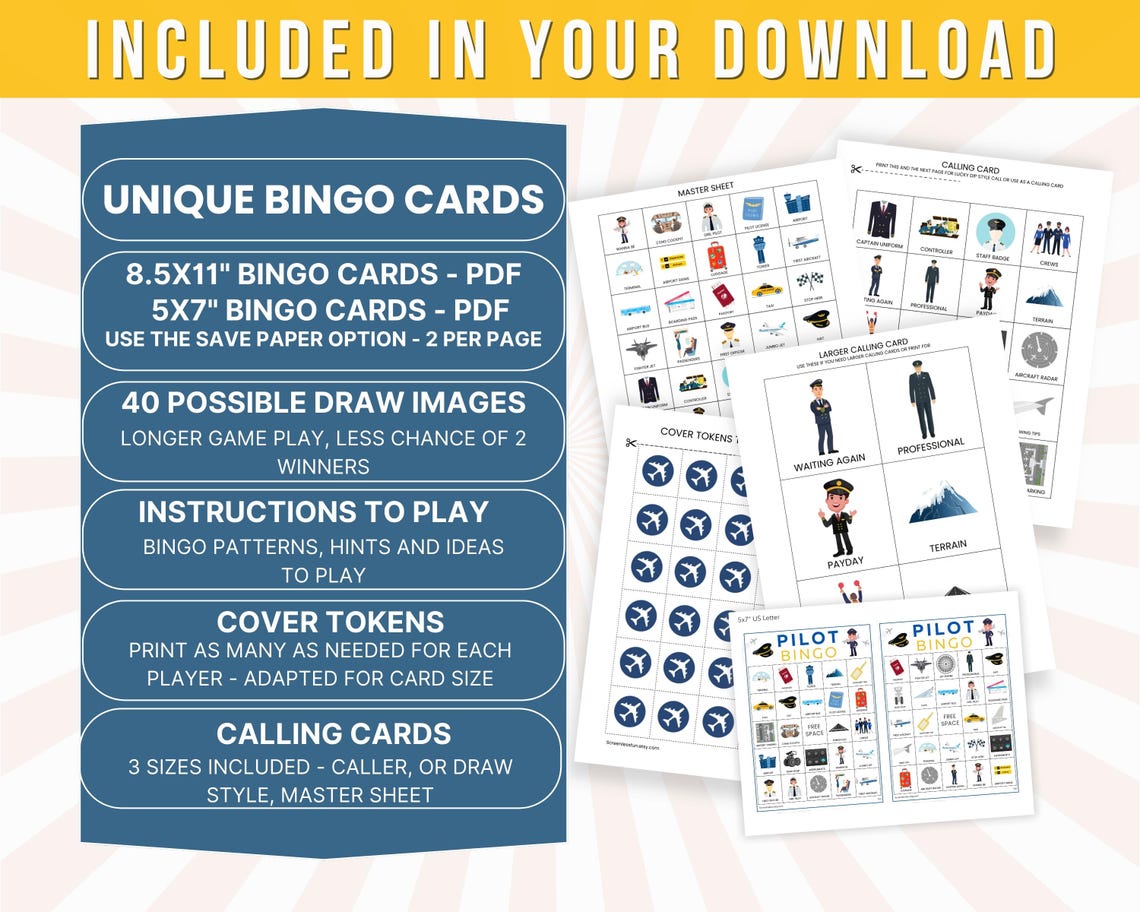 Pilot Bingo Game: Kids Aviation Birthday Party (printable) - Etsy