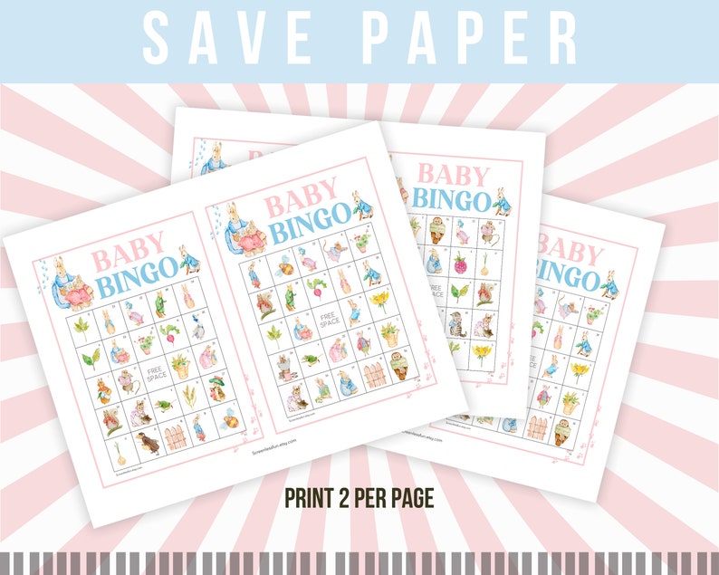 50 Peter Rabbit Party Bingo Game, Rabbit Baby Shower Spring Bingo Cards ...