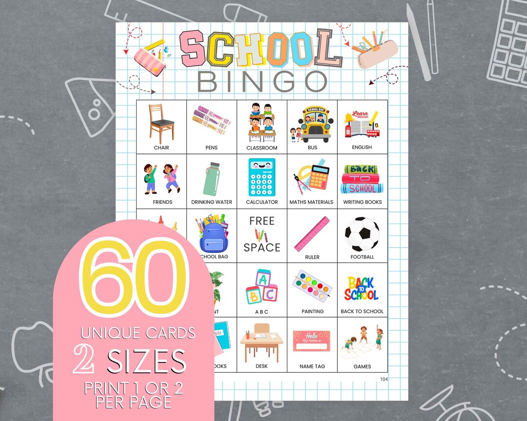60 Back to School Bingo Printable Cards, School Game, Classroom ...