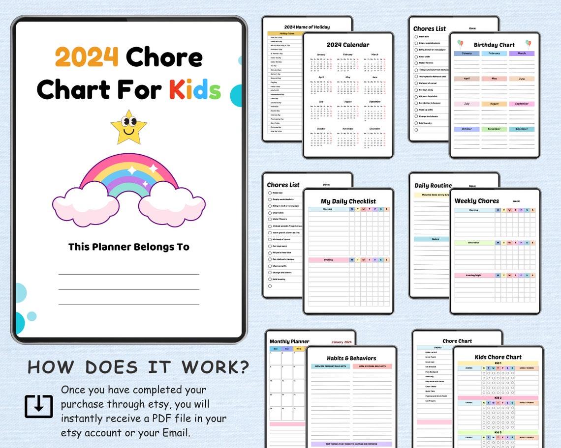 Children's Chore Chart With Reward System, Kids Daily Task Organizer ...