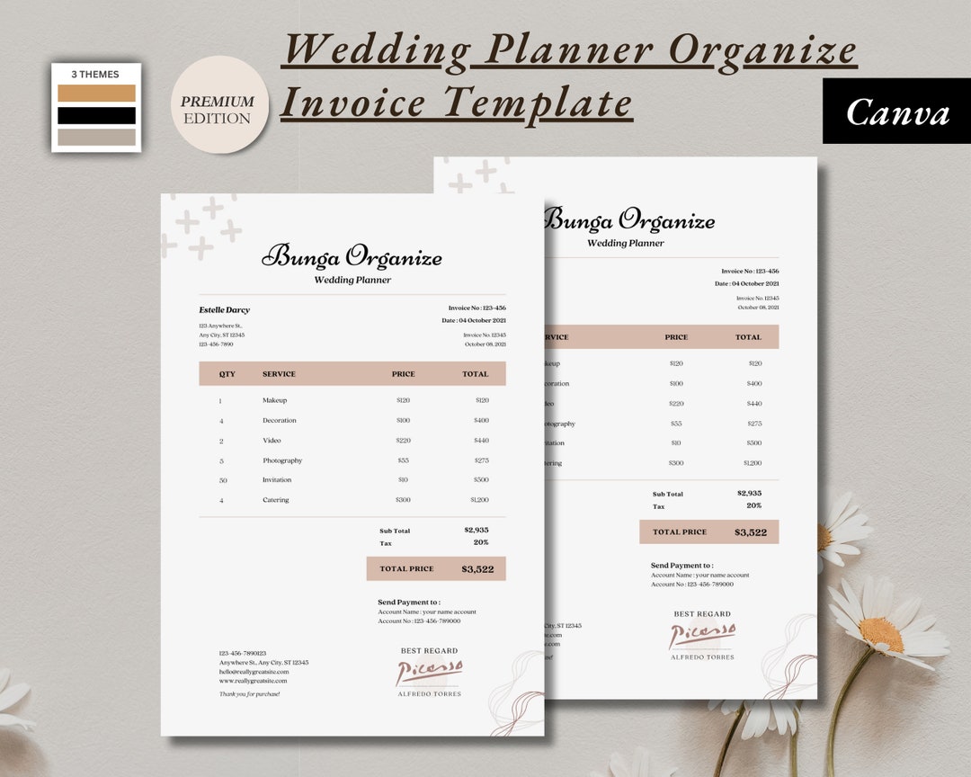 Wedding Planner Organize Invoice Template, Editable PDF Files, Custom ...