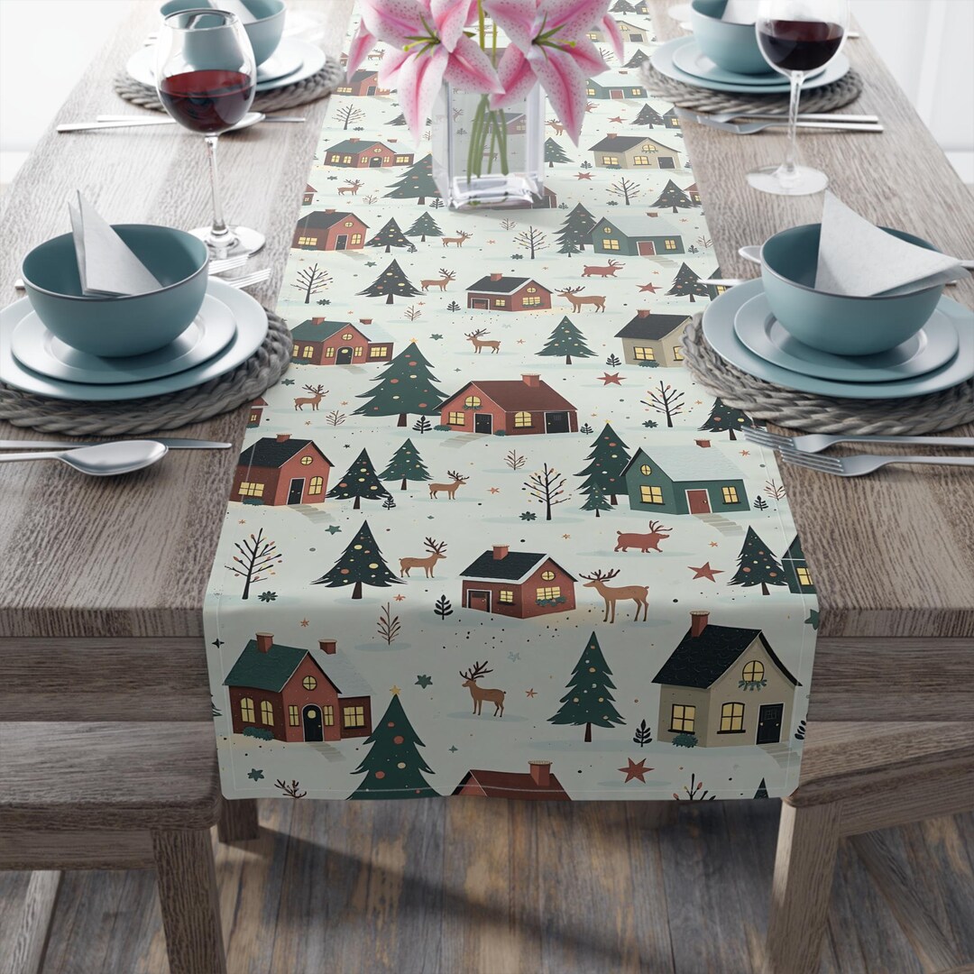 Vintage Christmas Table Runner Xmas Village Farmhouse Table Linen Snowy ...