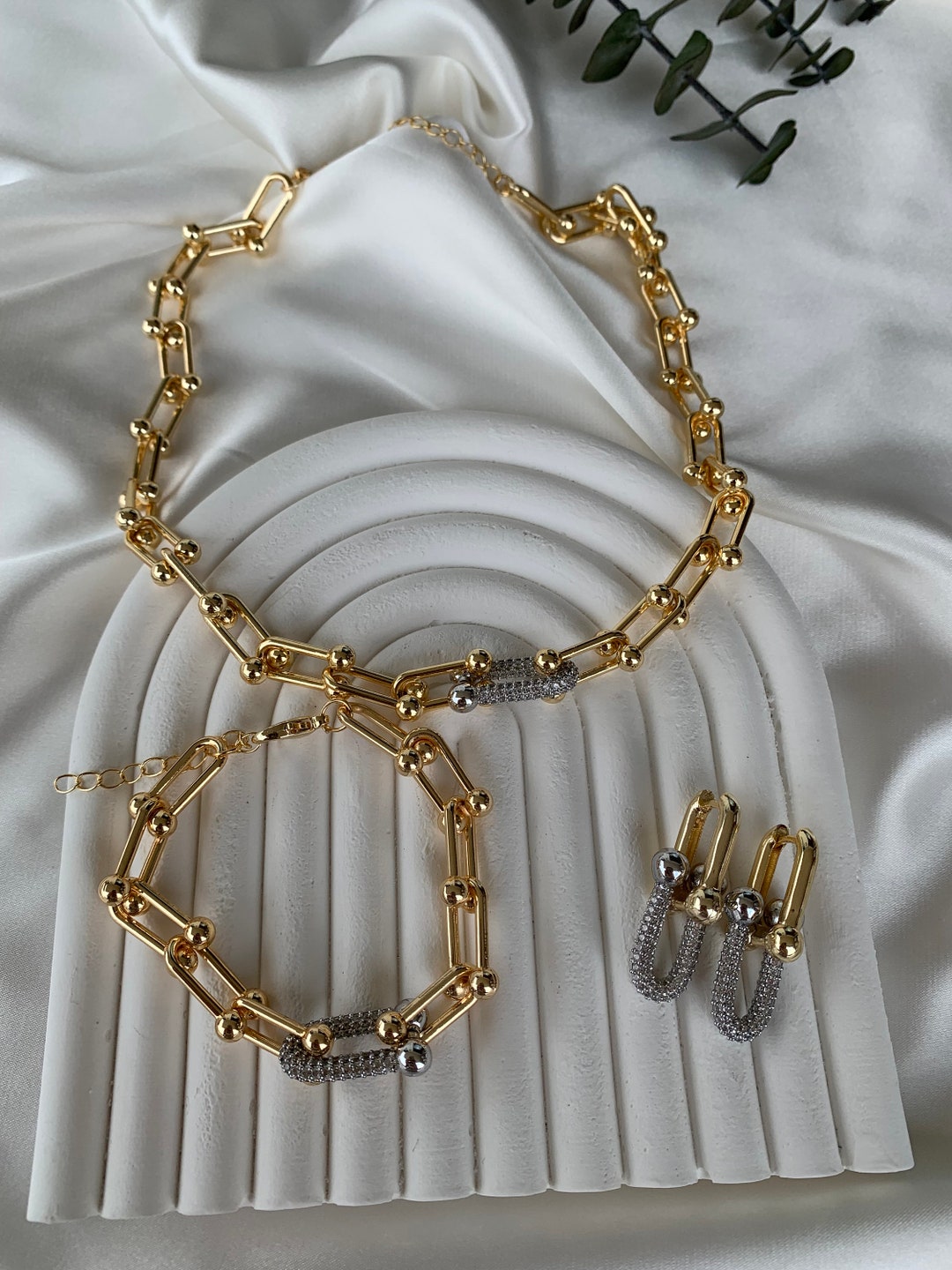 18K Gold Chunky U Shaped Chain, Brass Charm Necklace, Stainless Steel ...