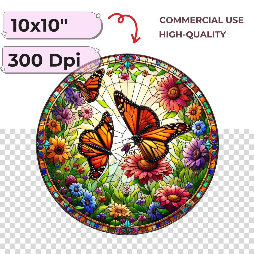 Stained Glass Monarch Butterfly, Stained Glass Window Hangings, Round ...