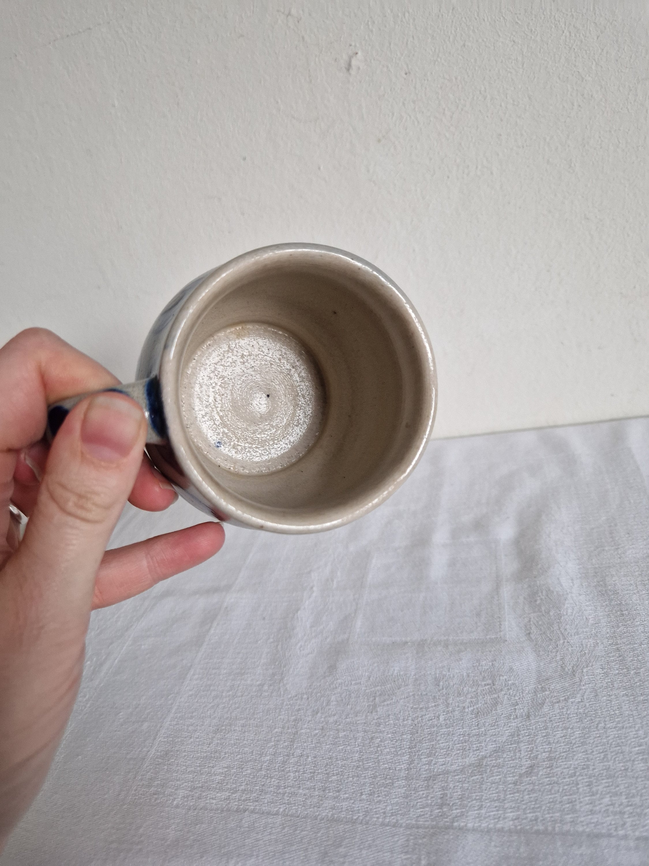 Vintage Salt Glaze Mug, Handmade Pottery, Handpainted Beige and Blue ...
