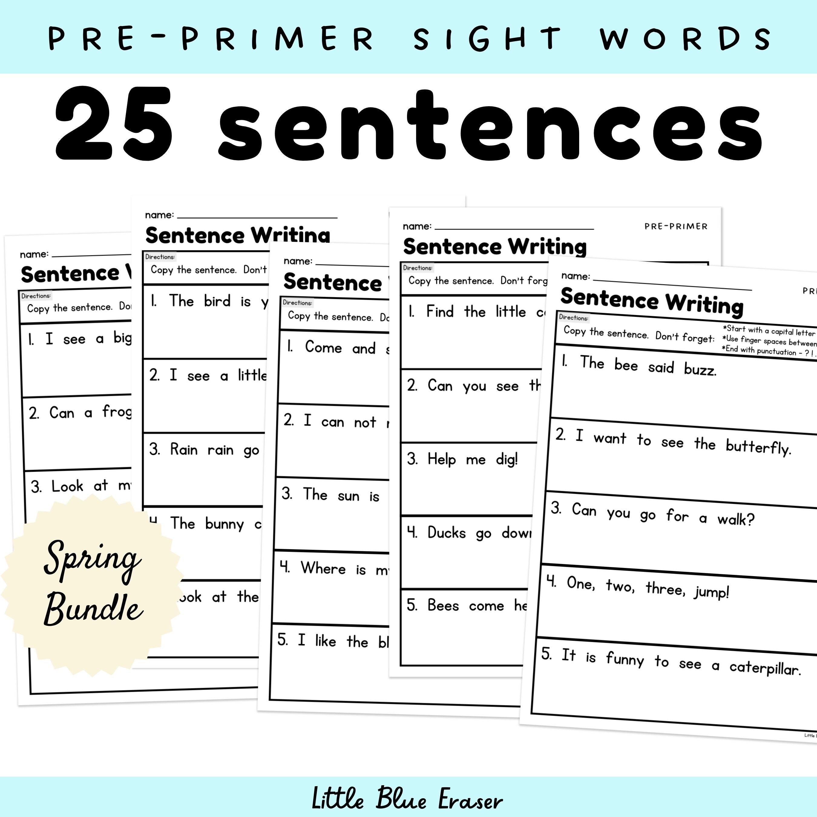 Sentence Writing Printable Worksheet Prek K Preprimer Dolch Sight Words ...