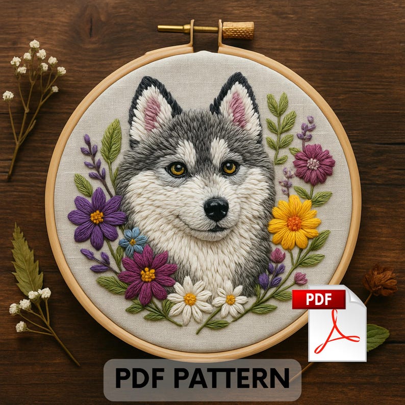 Husky Embroidery Pattern: Dog Hoop Art Template, Beginner Guide (PDF ...