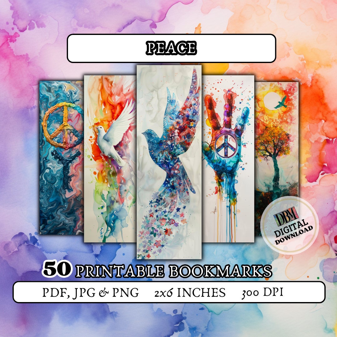 50 PEACE Printable Bookmarks/ Digital Bookmark/ Watercolor Bookmarks ...