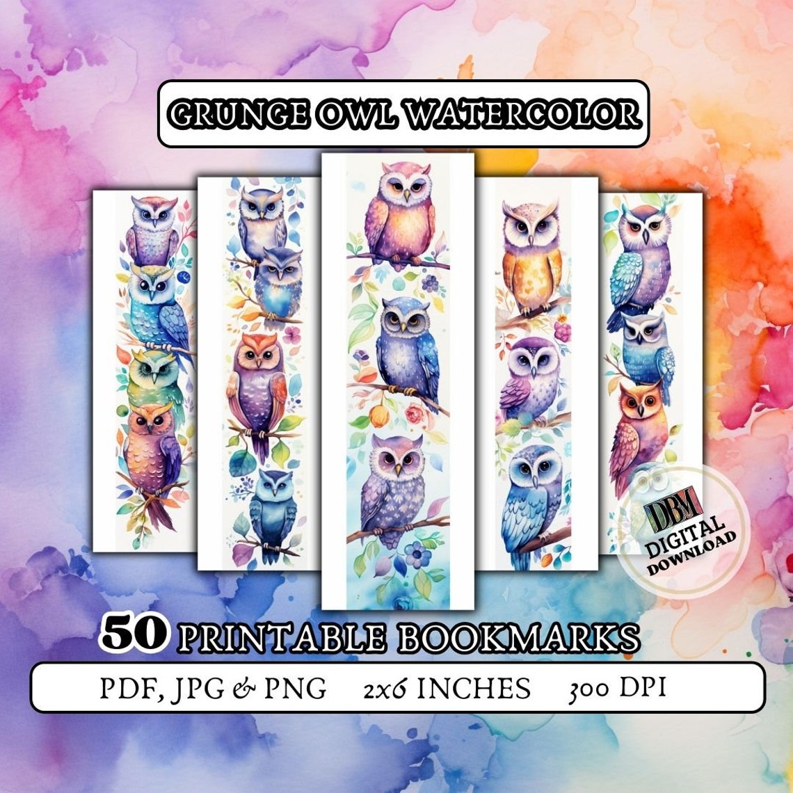 50 OWL WATERCOLOR Printable Bookmarks/ Digital Bookmark/ Owl Bookmarks ...