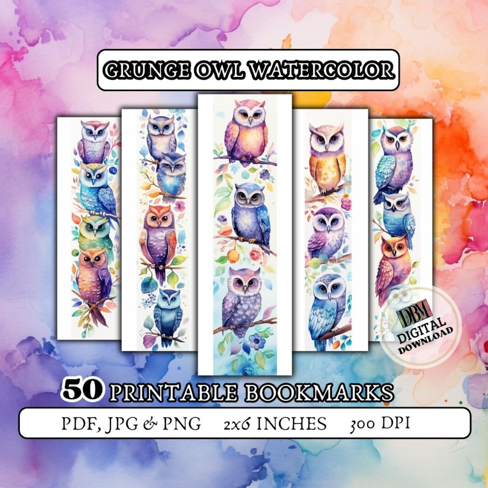 50 OWL WATERCOLOR Printable Bookmarks/ Digital Bookmark/ Owl Bookmarks ...