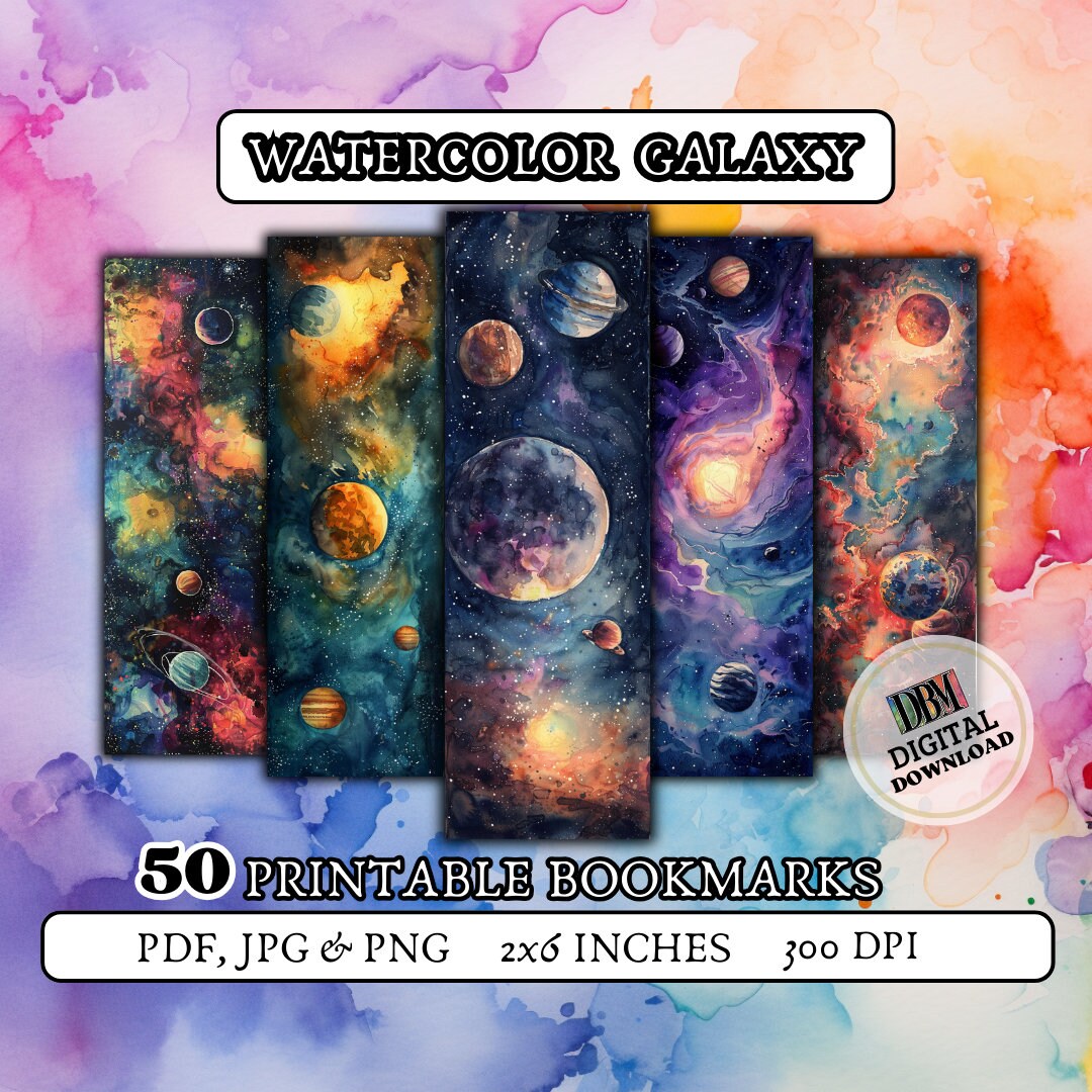 50 WATERCOLOR GALAXY Printable Bookmarks/ Digital Bookmark/design ...