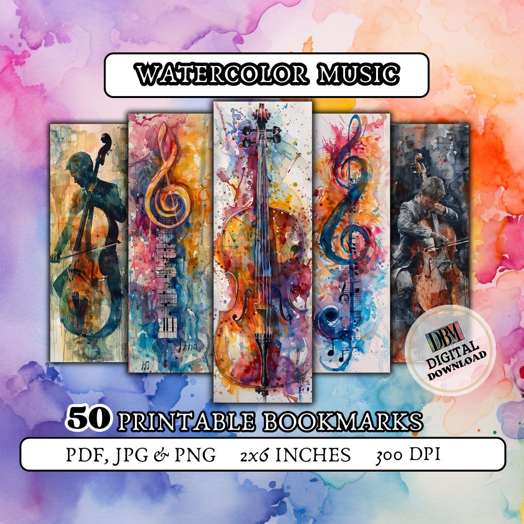 50 WATERCOLOR MUSIC Printable Bookmarks/digital Bookmark/design ...
